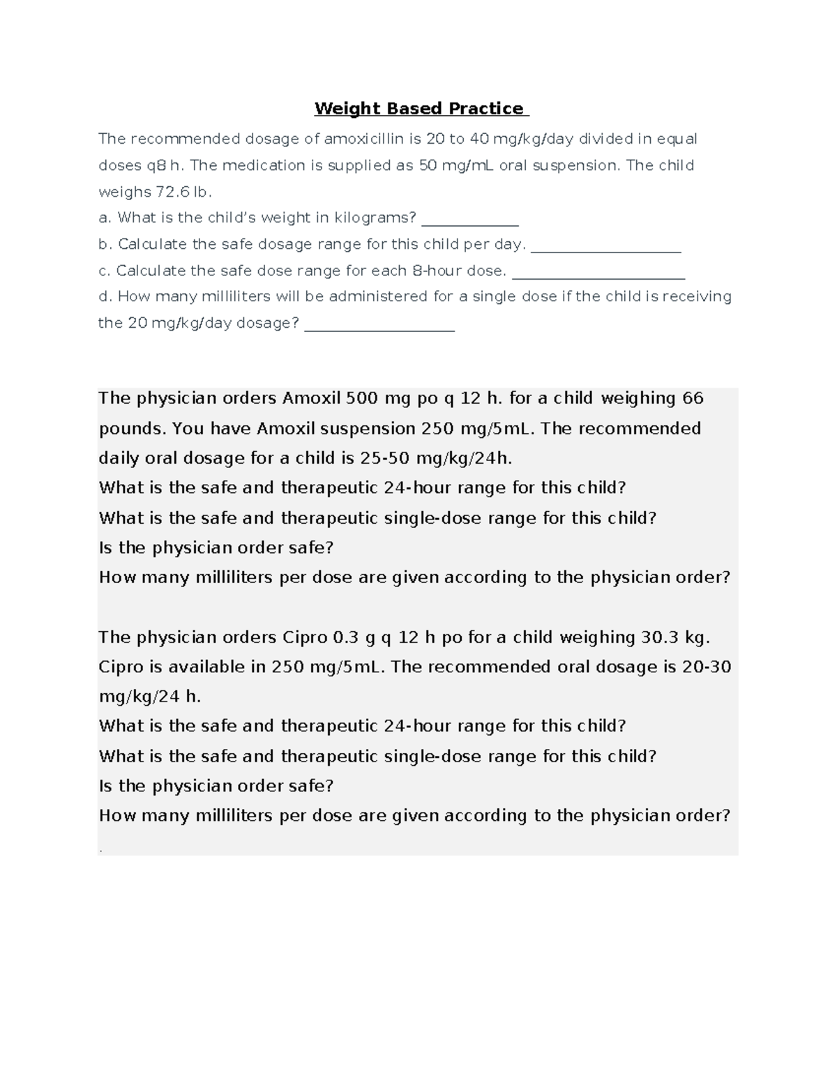 Weight Based Practice - notes - Weight Based Practice The recommended ...