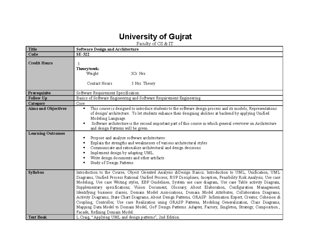 Software Design & Architecture(SE-322) - University of Gujrat Faculty of CS & IT Title Software ...