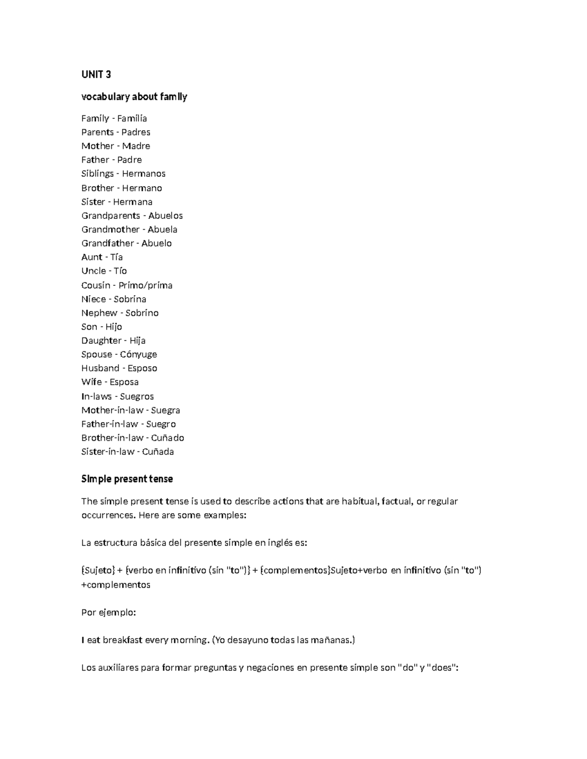 Homework - bocabulario ingles - UNIT 3 vocabulary about family Family ...