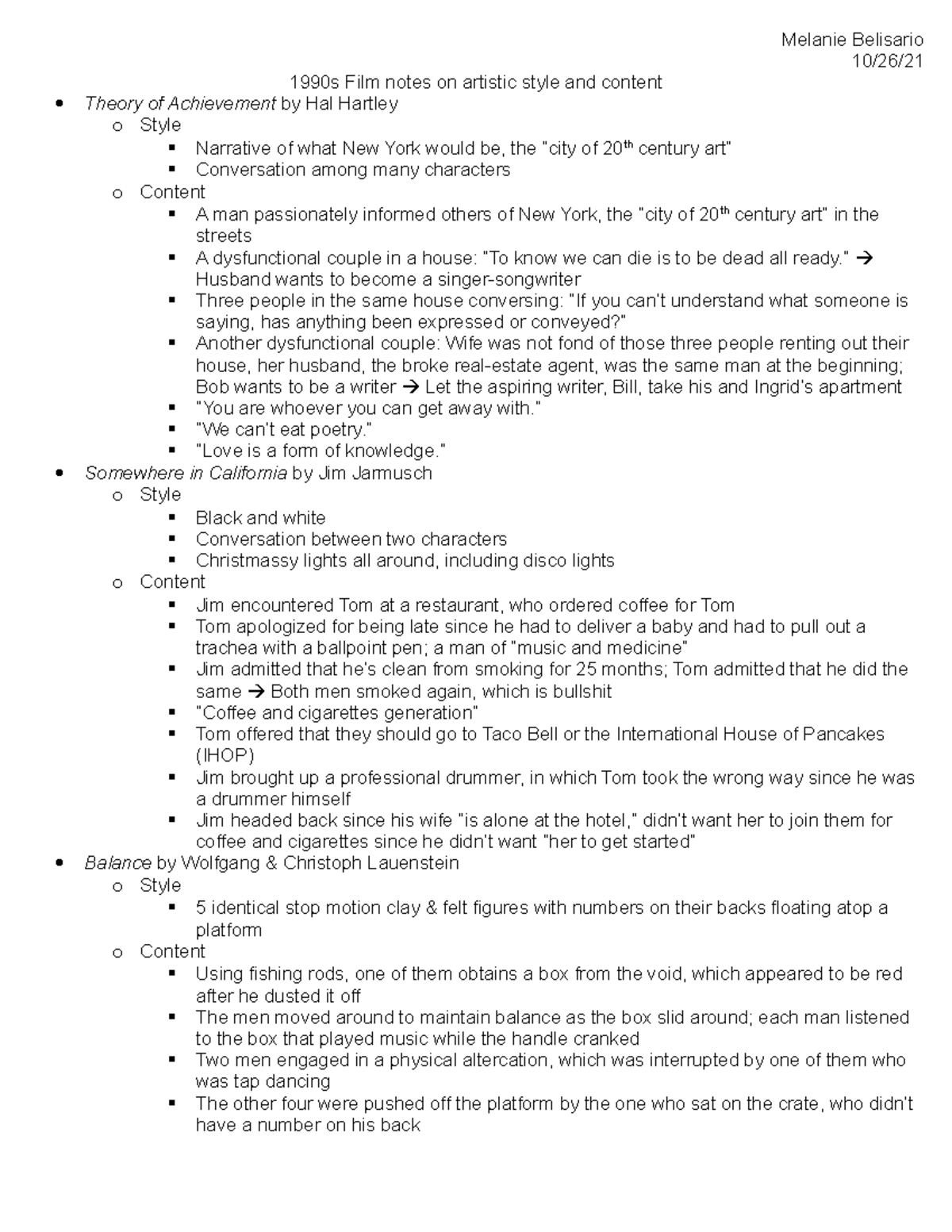 1990s Film notes - Melanie Belisario 10/26/ 1990s Film notes on ...