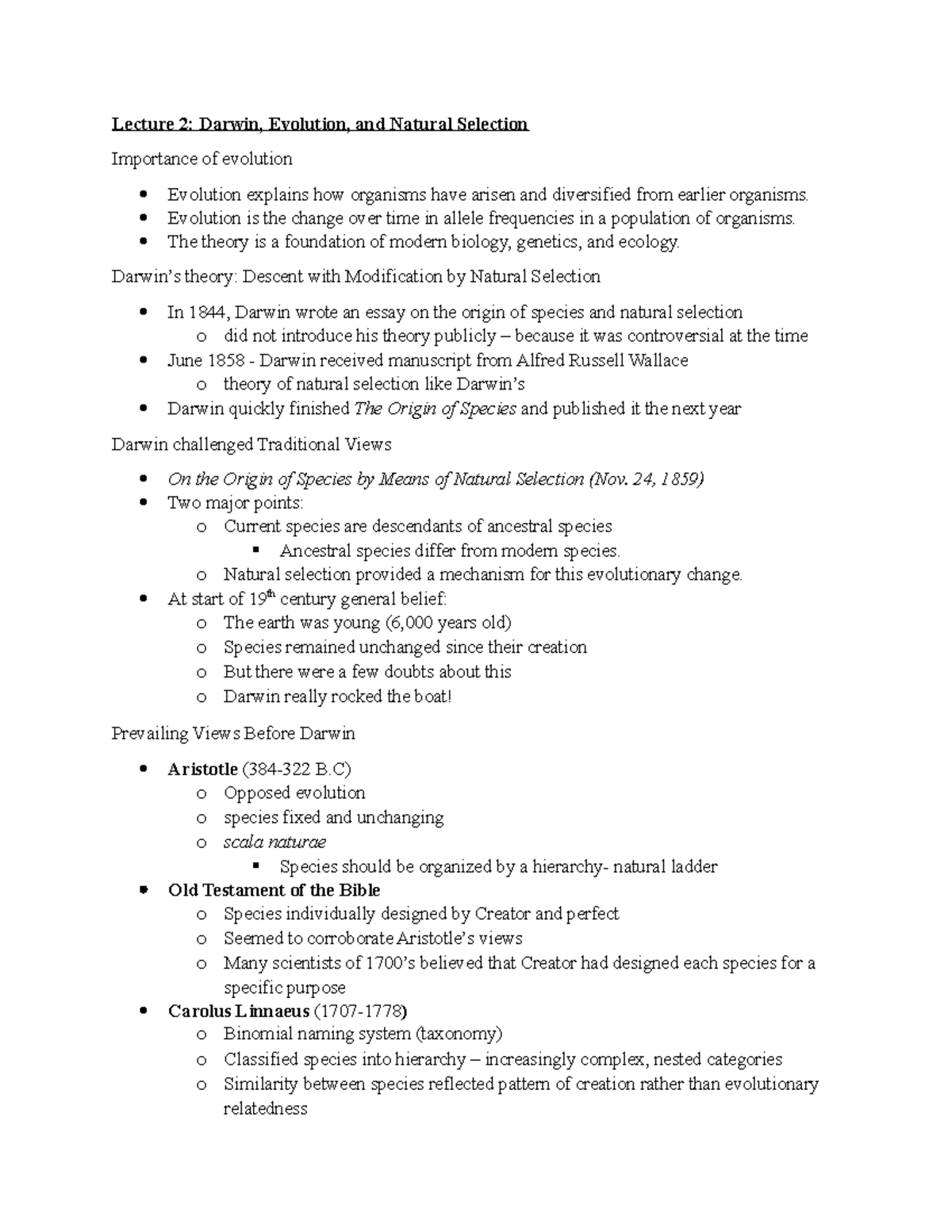 Evolution notes part 2 - Lecture 2: Darwin, Evolution, and Natural ...