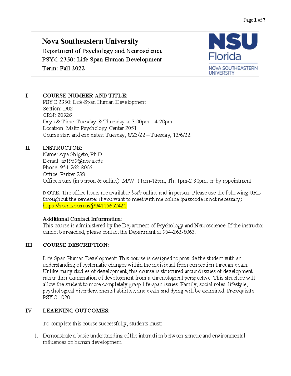 PSYC 2350 Syllabus Fall 2022 - I COURSE NUMBER AND TITLE: PSYC 2350: Life-Span Human Development ...