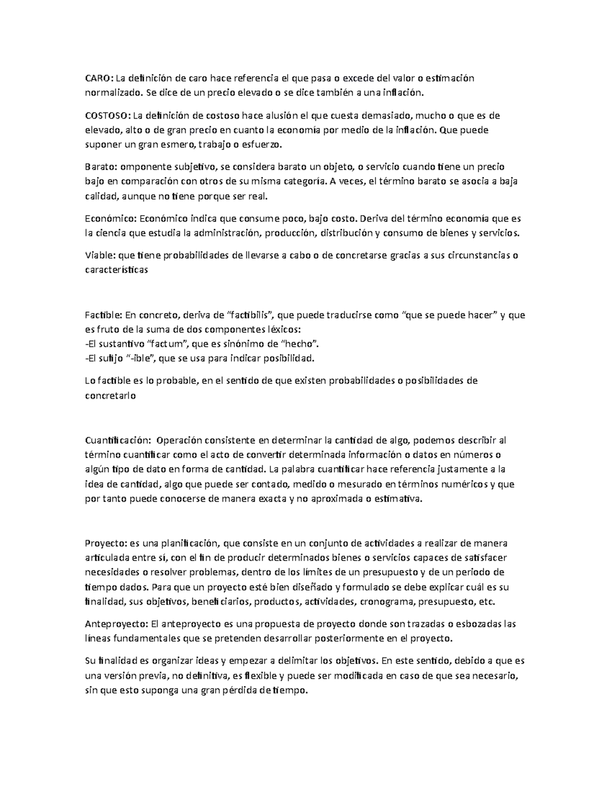 Definiciones - Apuntes 2 - CARO: La definición de caro hace referencia ...