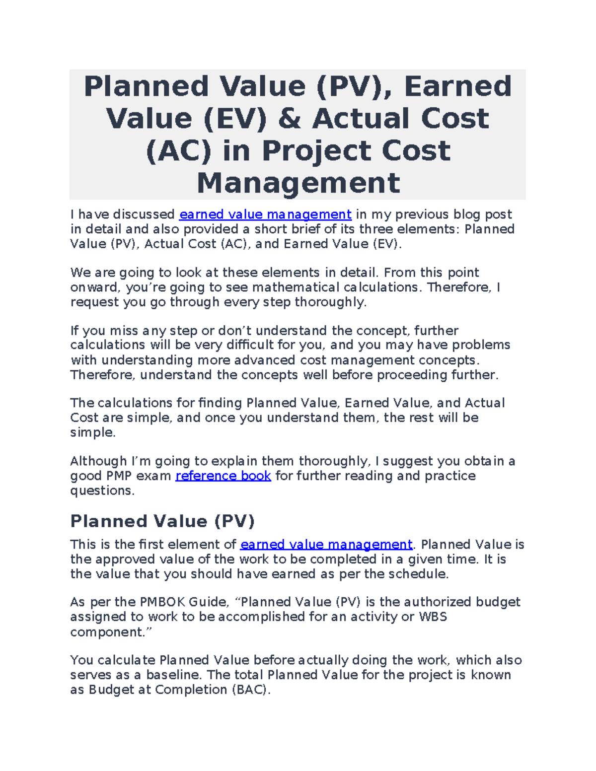 EVM - main things - Planned Value (PV), Earned Value (EV) & Actual Cost ...