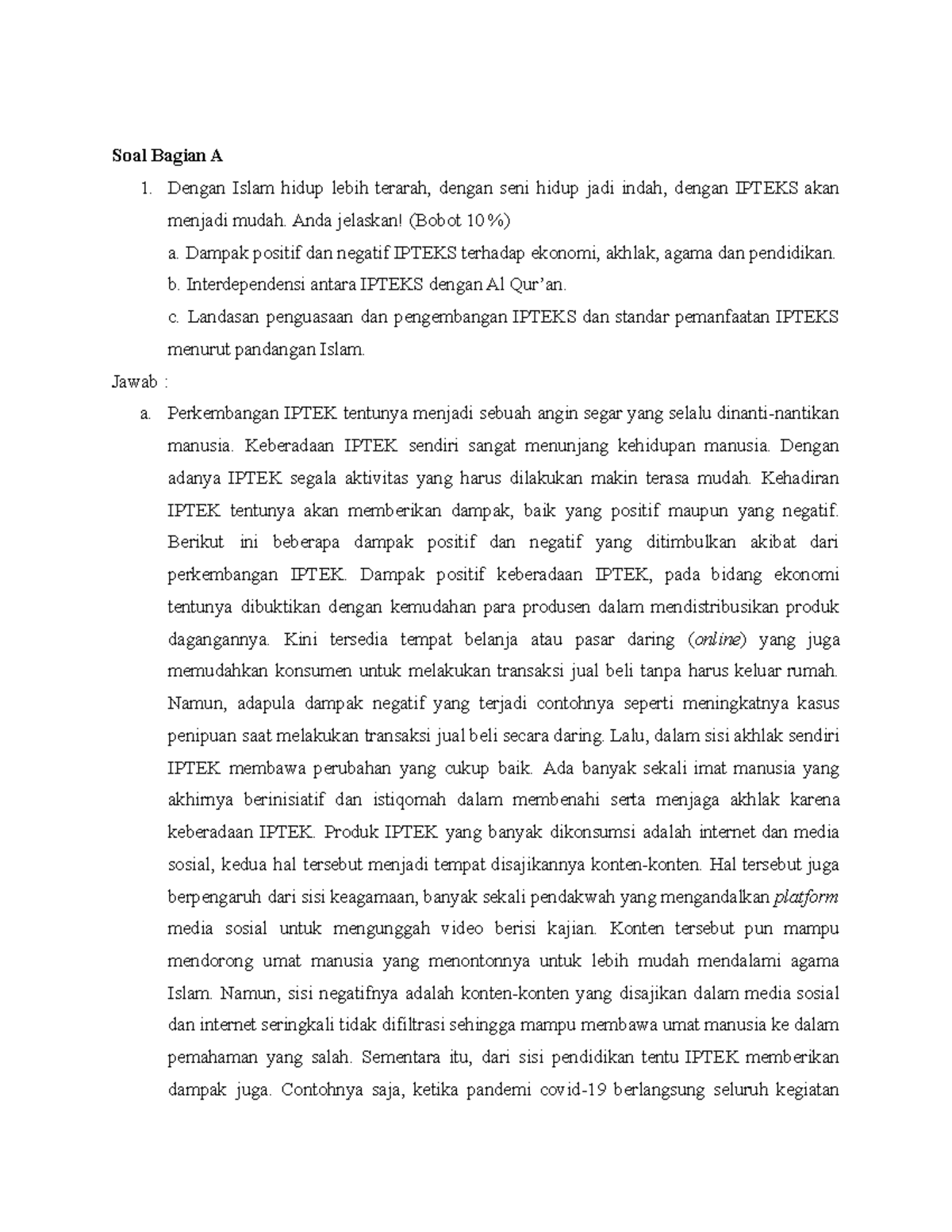 UAS MKWU PAI - UTS mata kuliah wajib universitas pendidikan agama islam - Soal Bagian A 1 ...