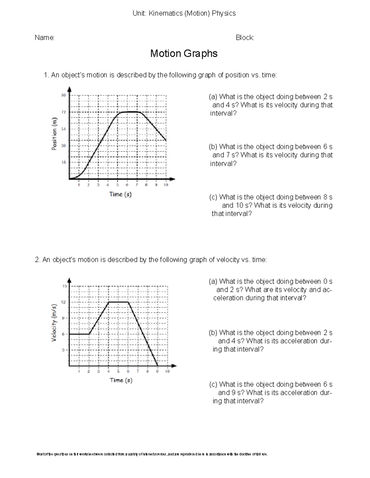 Practice Exercises Graphing motion - Unit: Kinematics (Motion) Physics ...