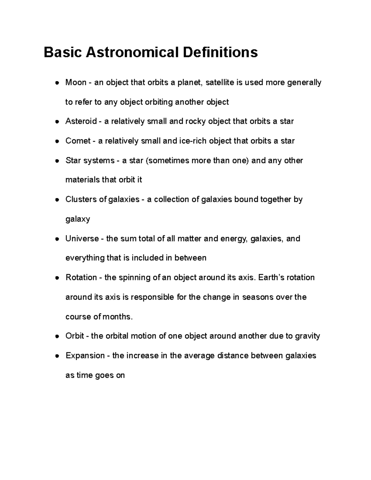 PHYS 202 Vocab - Basic Astronomical Definitions Moon - an object that orbits a planet, satellite ...