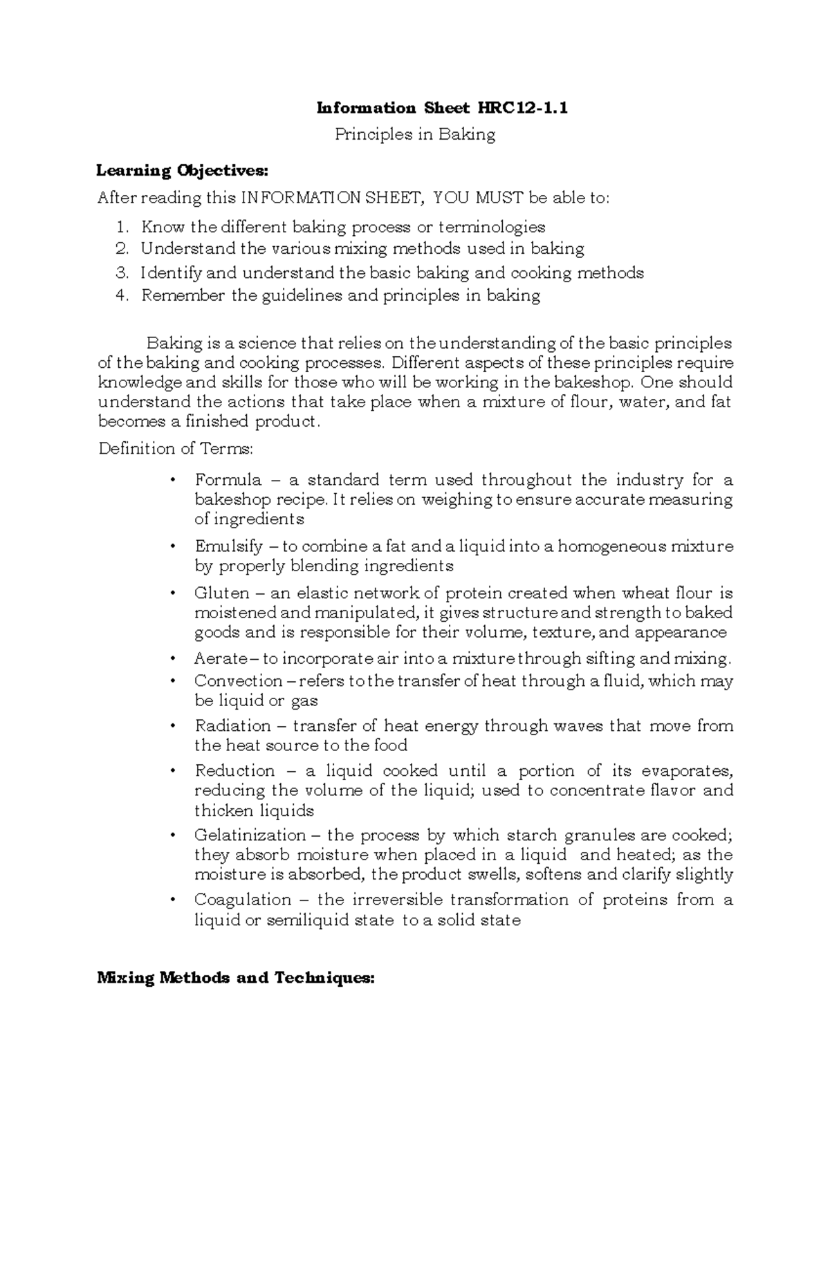Information Sheet HRC 12-1 - Principles in Baking Learning Objectives ...