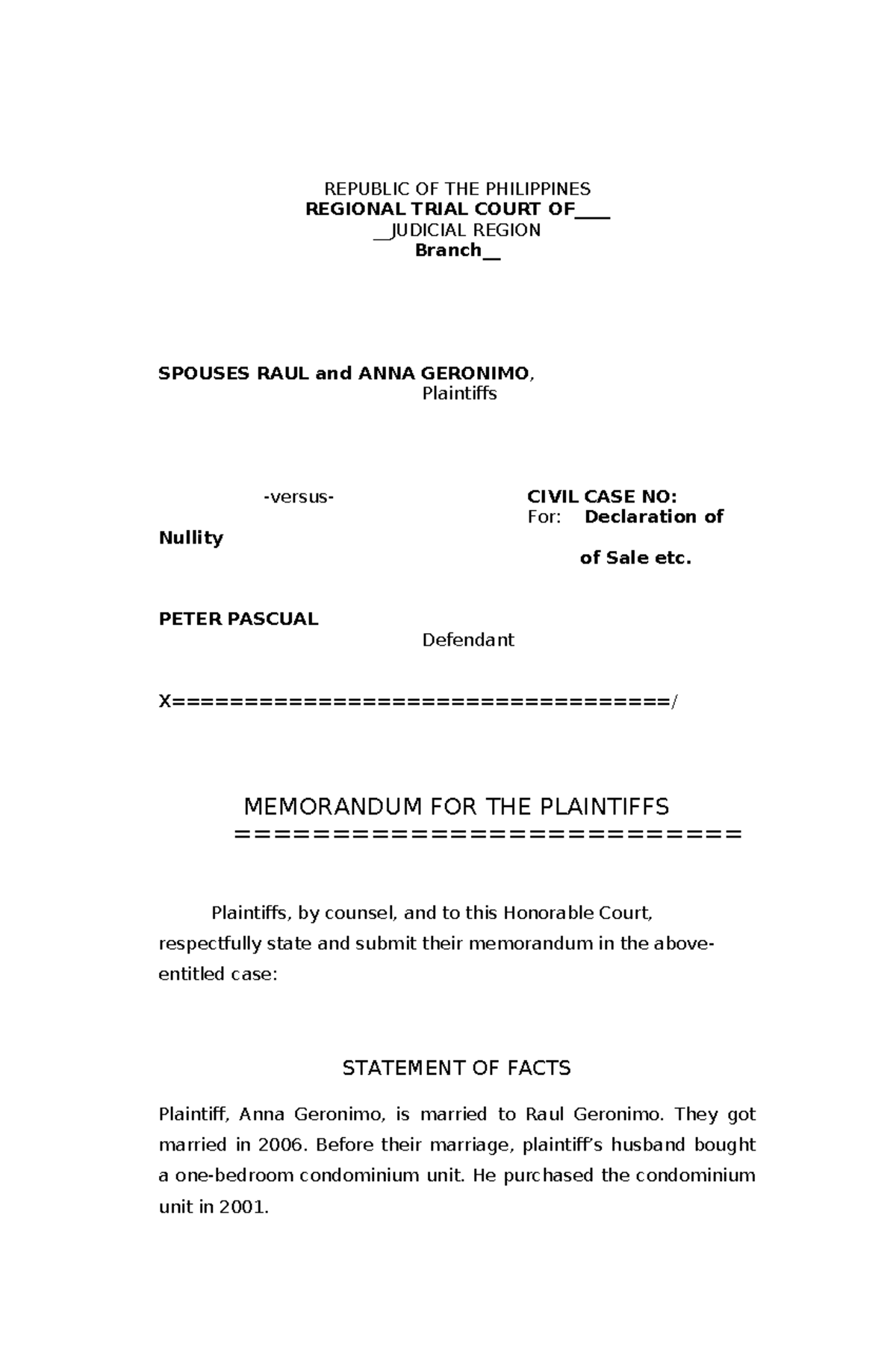 77564265-Sample-Memorandum - REPUBLIC OF THE PHILIPPINES REGIONAL TRIAL ...