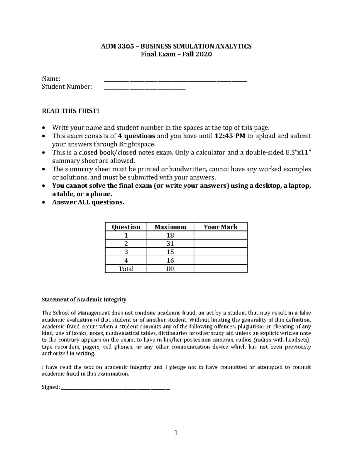 ADM 3305 Final Exam Fall 2020.pdf - ADM 3305 – BUSINESS SIMULATION ...