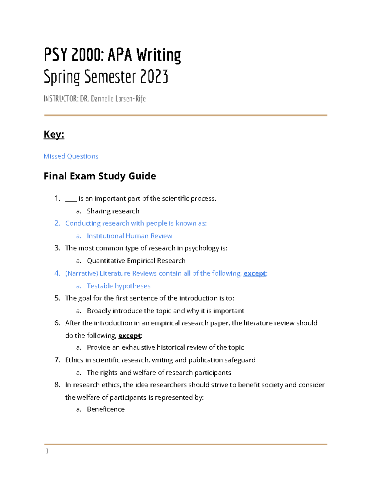 APA Writing Final Exam - Professor: Dannelle Larsen-Rife - PSY 2000 ...