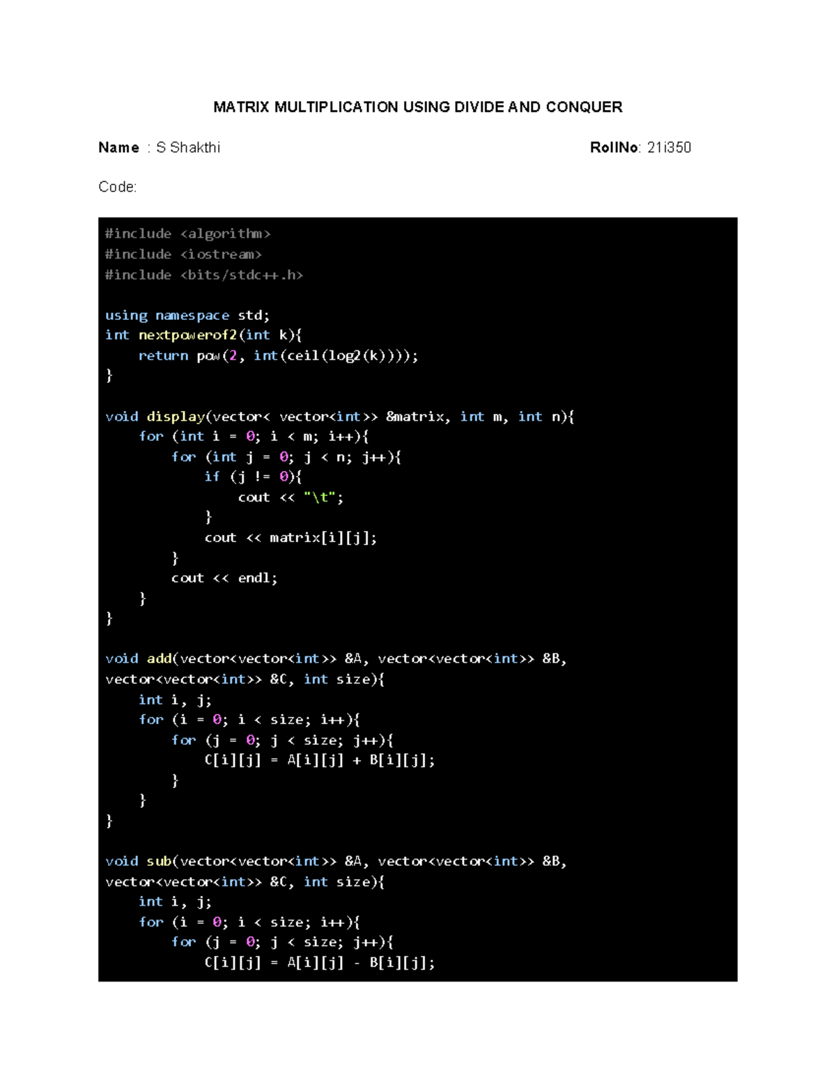21i350 matrix multiplication - MATRIX MULTIPLICATION USING DIVIDE AND ...