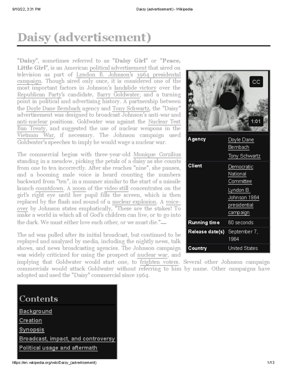 Daisy (advertisement) - Wikipedia - "Daisy" Agency Doyle Dane Bernbach ...