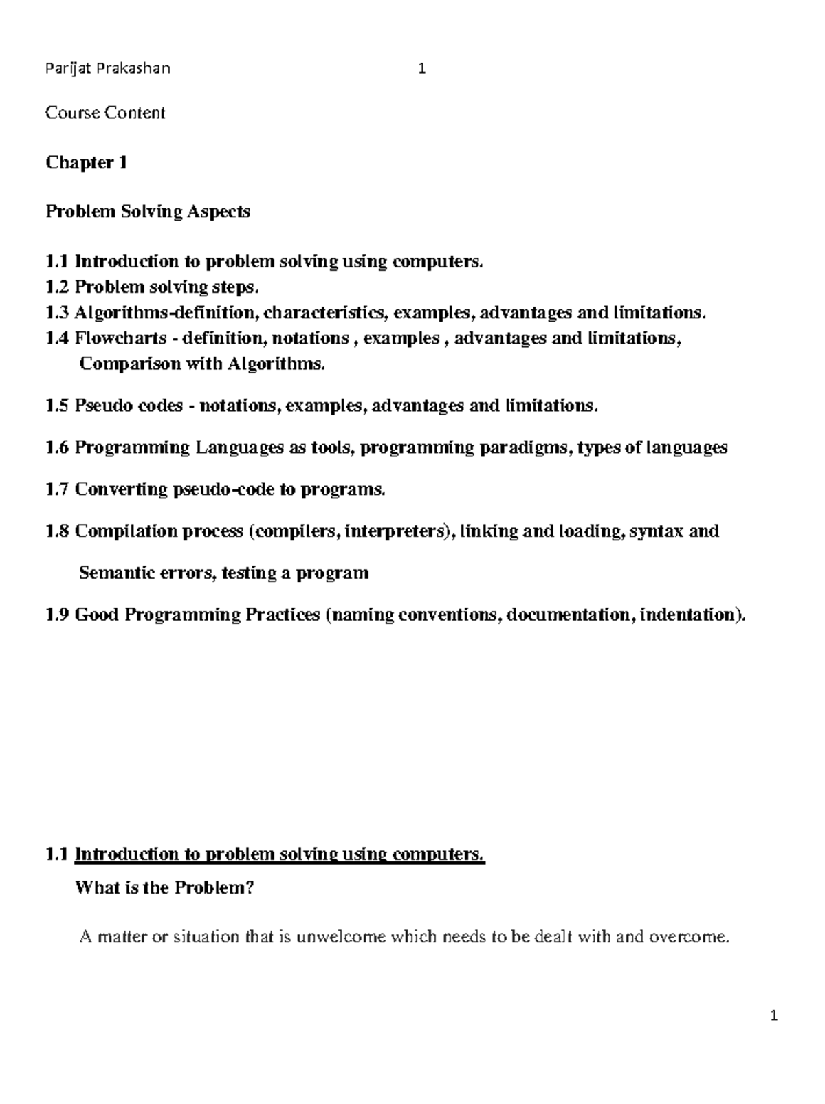 Chapter 1 to Chapter 3 - nothing - Course Content Chapter 1 Problem ...