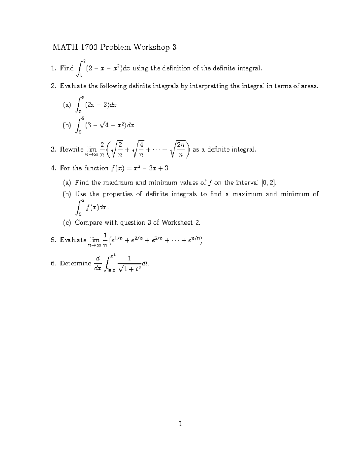 PW3 - math1700PW3 - MATH 1700 Problem Workshop 3 Find ∫ 2 1 (2−x−x 2 )dxusing the definition of ...