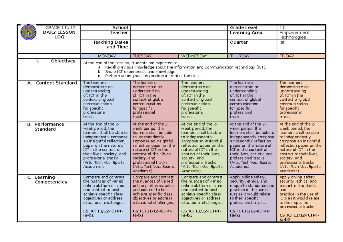 2022 DLL ET Week - Sample file, just edit to reflect MELCS. - GRADE 1 ...