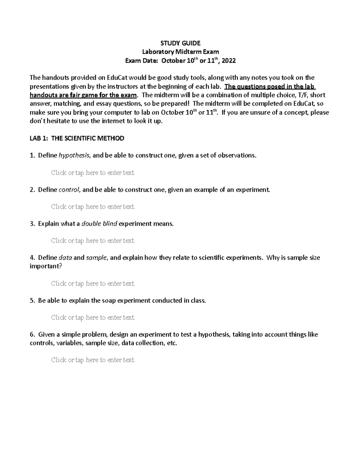 Lab midterm study guide F22 - STUDY GUIDE Laboratory Midterm Exam Exam ...