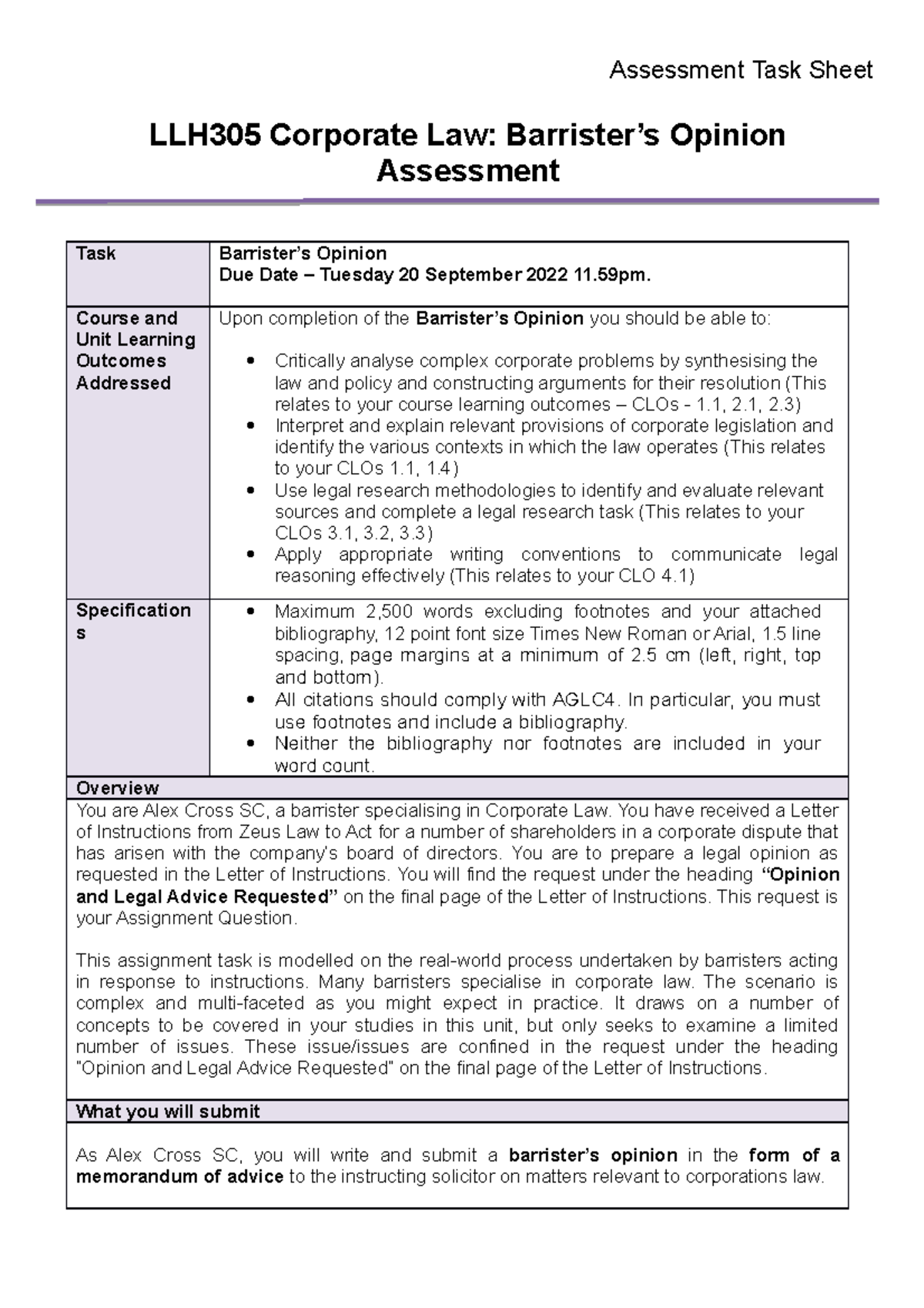 Assessment Task Sheet Part 1 - Assessment Task Sheet LLH305 Corporate ...