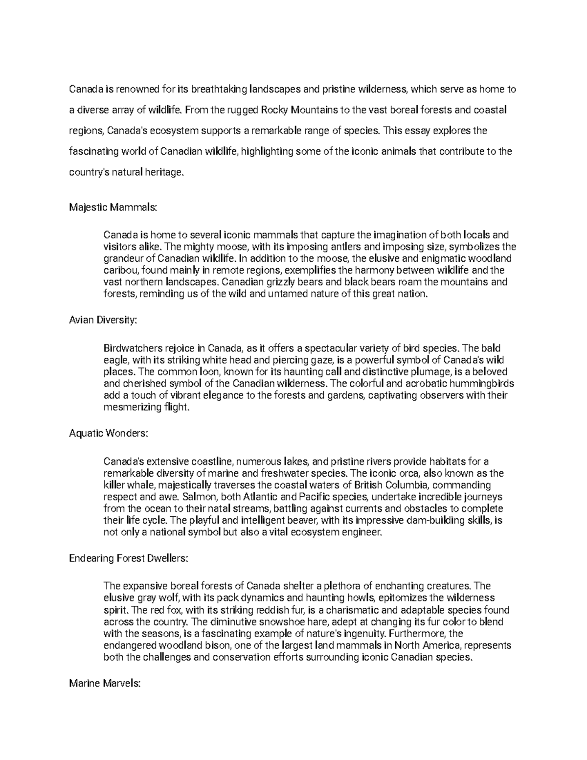 Canadian Wildlife Essay - Canada is renowned for its breathtaking ...