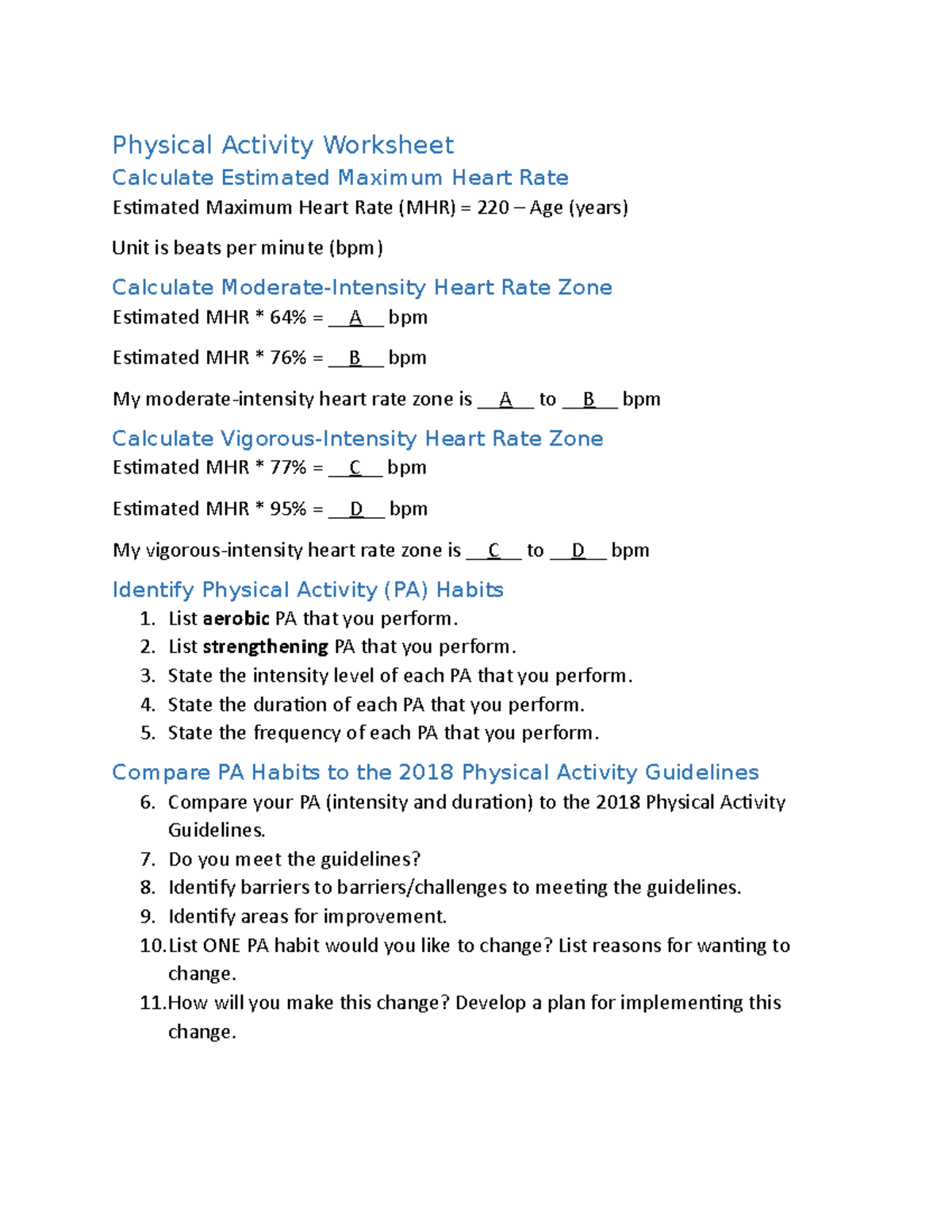 Ch 2 - Physical Activity Worksheet - Physical Activity Worksheet ...
