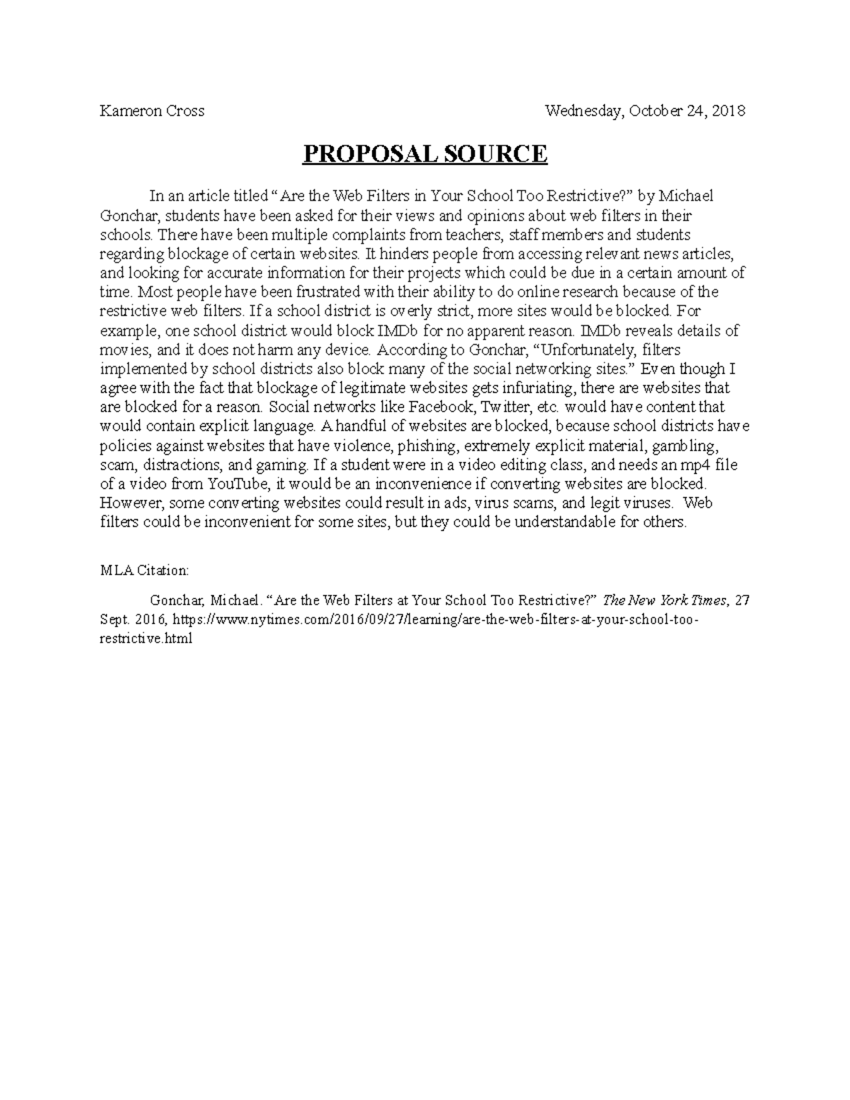 Rough Draft OF Proposal Source DUE Tomorrow 10-25-18 - Kameron Cross ...