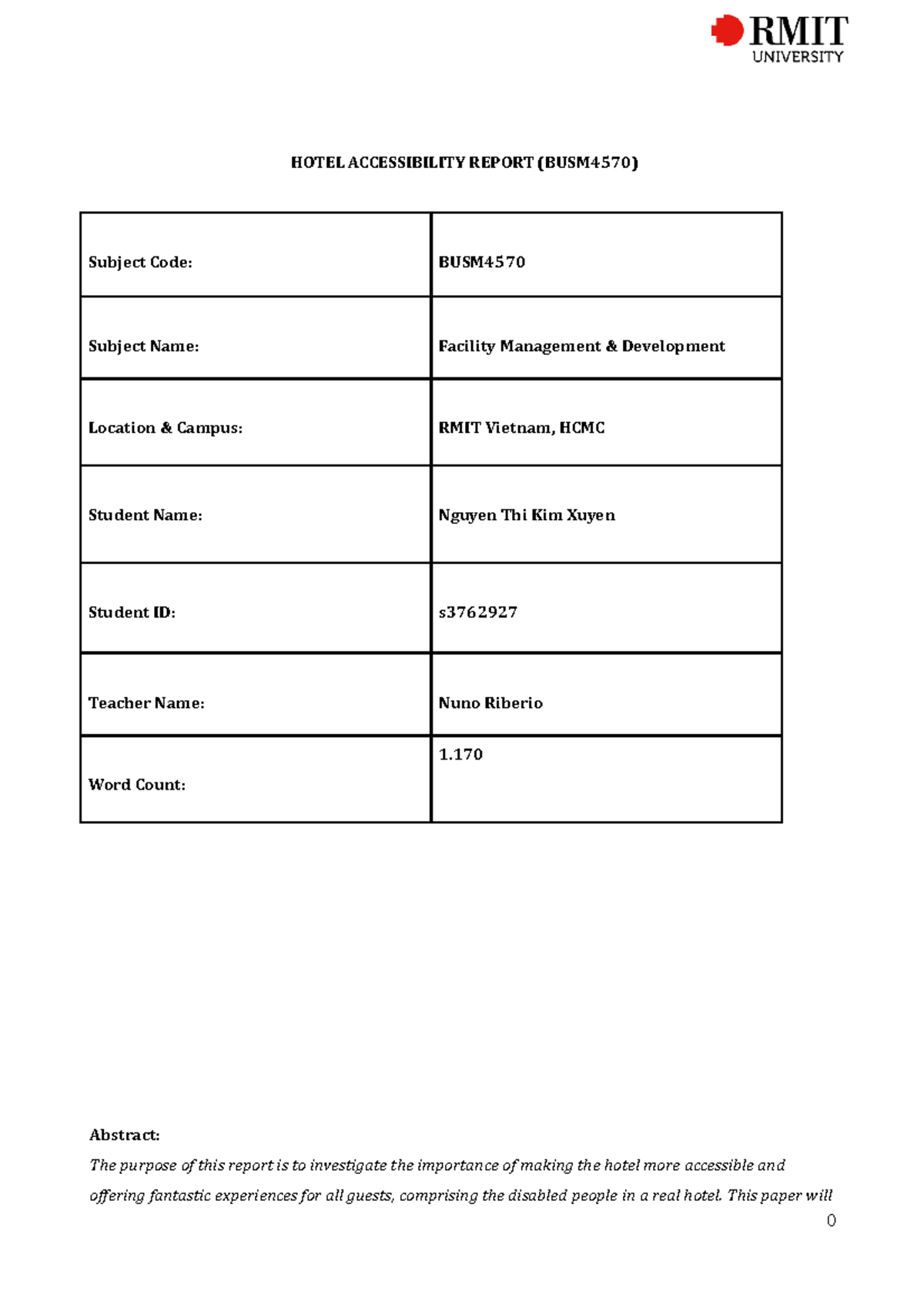 RMIT Hotel Report - HOTEL ACCESSIBILITY REPORT (BUSM4570) Subject Code ...