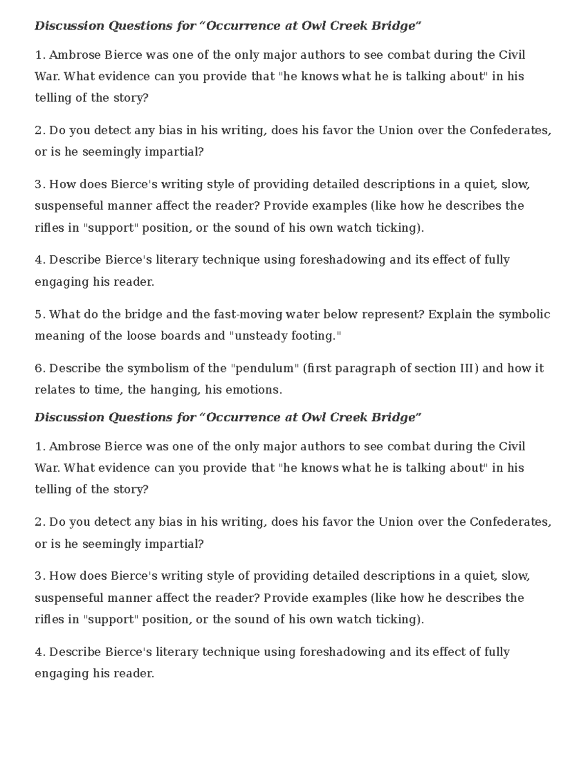 Copy of Occurrence at Owl Creek Bridge Questions - Discussion Questions ...