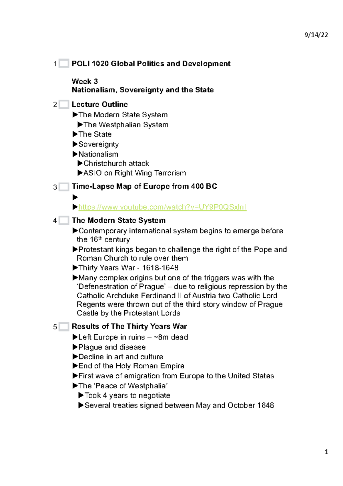 Week 3 - Nationalism, Sovereignty and the State - 9/14/ 1 POLI 1020 ...