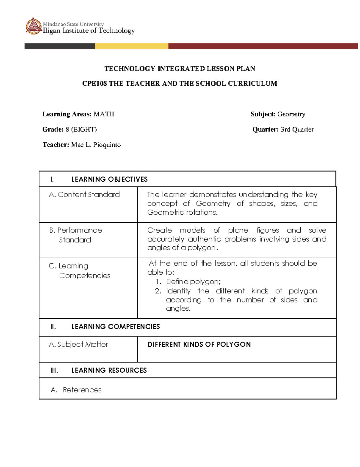 CPE108- Lessonplan Pioquinto - TECHNOLOGY INTEGRATED LESSON PLAN CPE108 ...