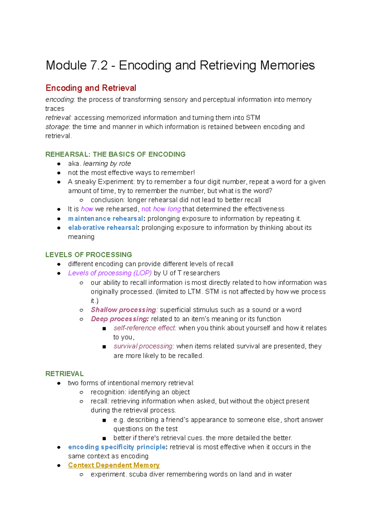 PSY100H1 UTSG Reading Notes Module 7.2 - Encoding and Retrieving ...
