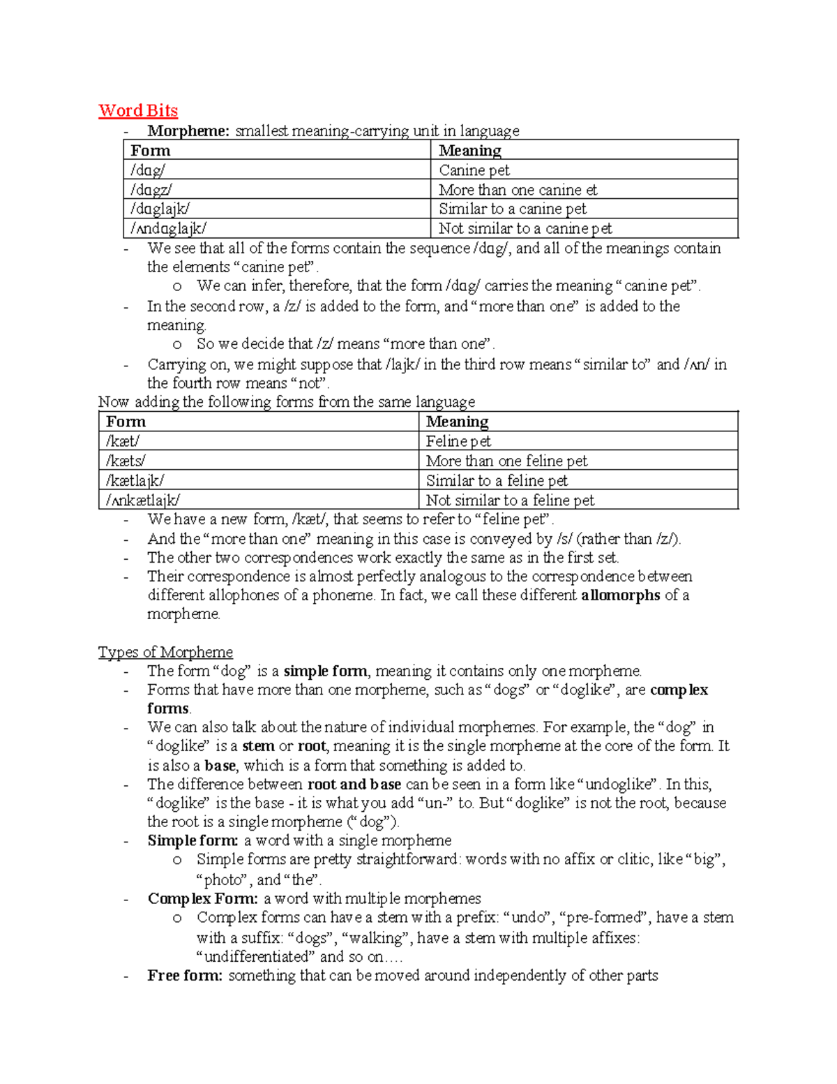 LING 101 - Morphology - Word Bits Morpheme: smallest meaning-carrying ...