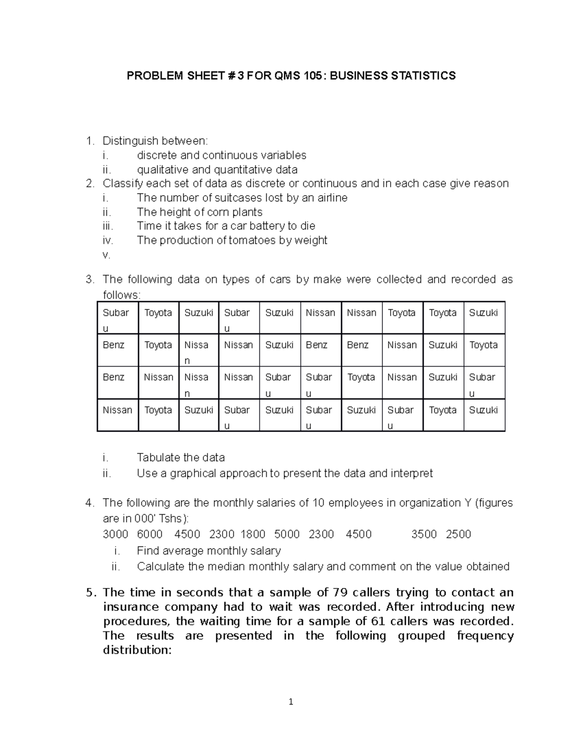 Problem Sheet # 3 - STATISTICS - PROBLEM SHEET # 3 FOR QMS 105 ...