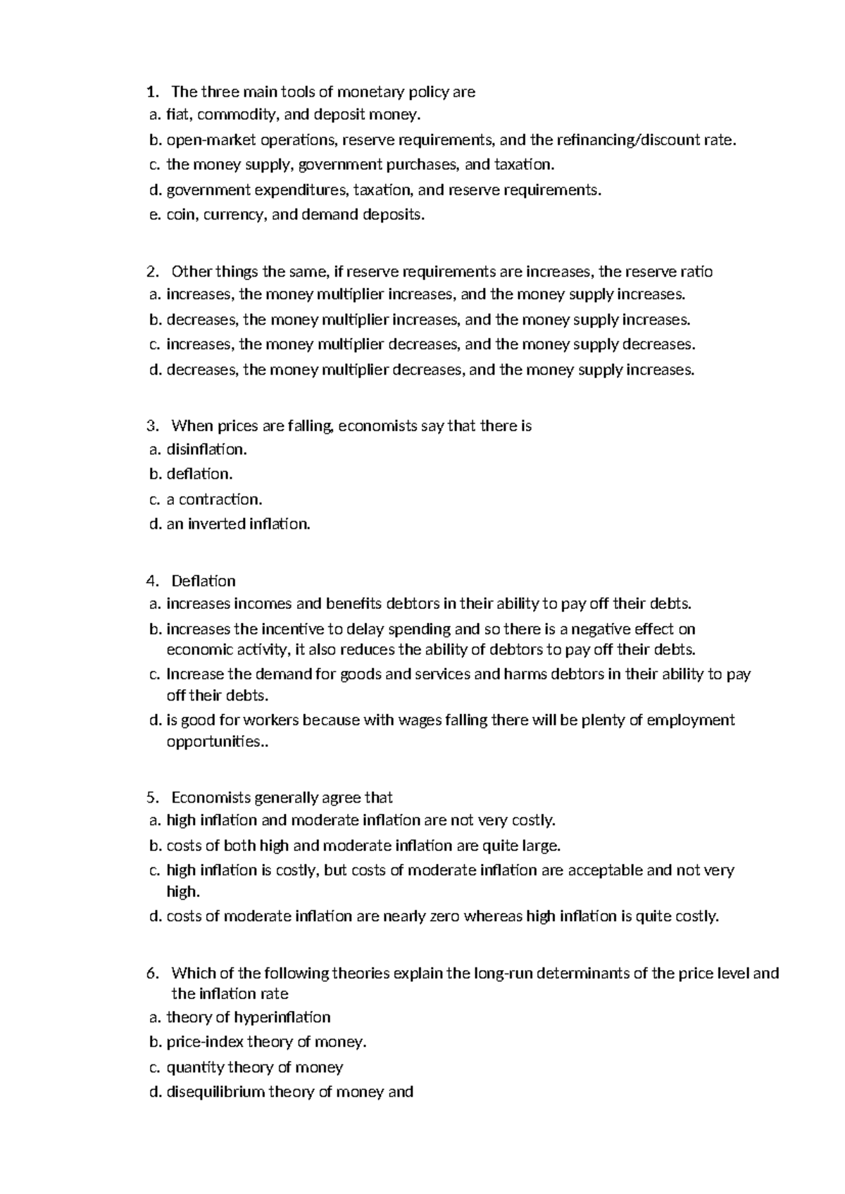 Sample Test 2 Macroeconomics - The three main tools of monetary policy ...
