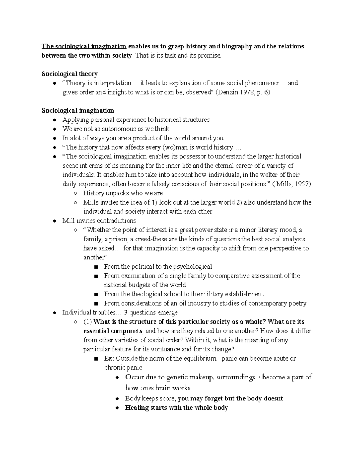 Unit 1 - class notes - The sociological imagination enables us to grasp ...