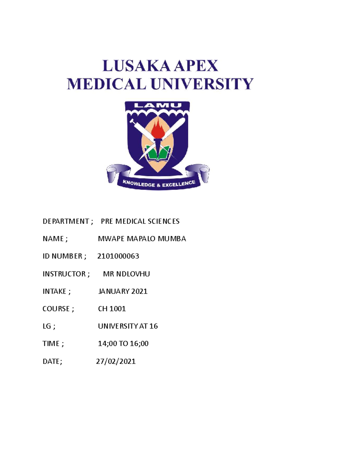 CH1001 Assignment - MEASUREMENTS - DEPARTMENT ; PRE MEDICAL SCIENCES ...
