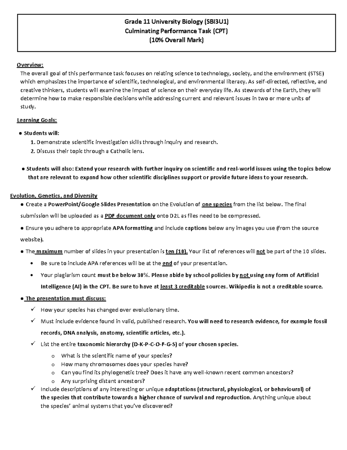 CPT 3U Lasch June 2024 - Bio CPT - Grade 11 University Biology (SBI3U1 ...
