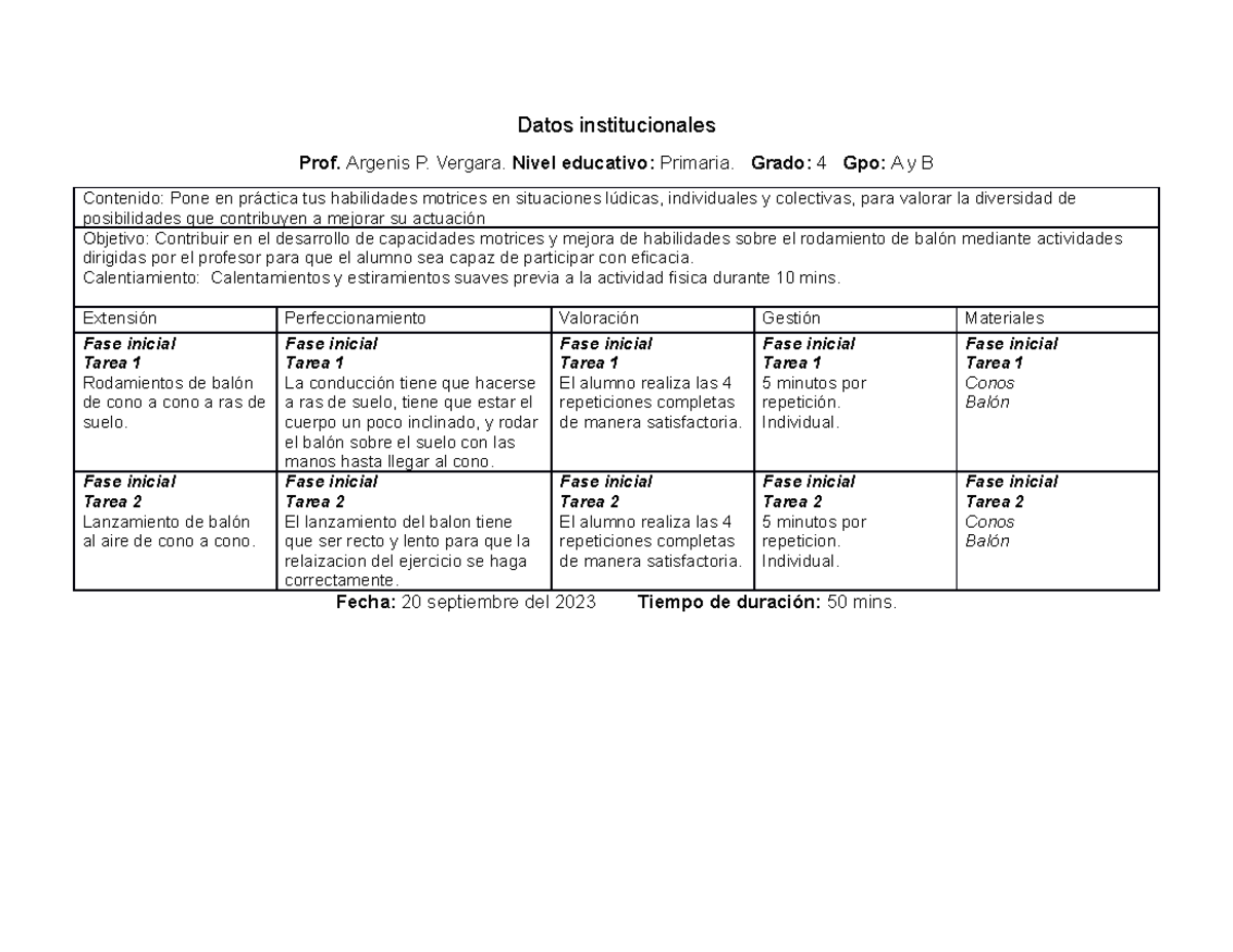 Plan sesion instruccion directa - Datos institucionales Prof. Argenis P ...