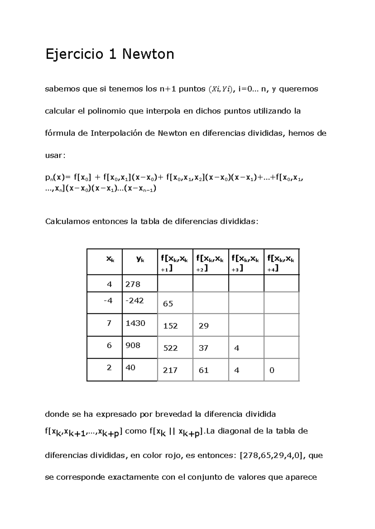Ejercico de newton - Ejercicio 1 Newton sabemos que si tenemos los n+1 ...