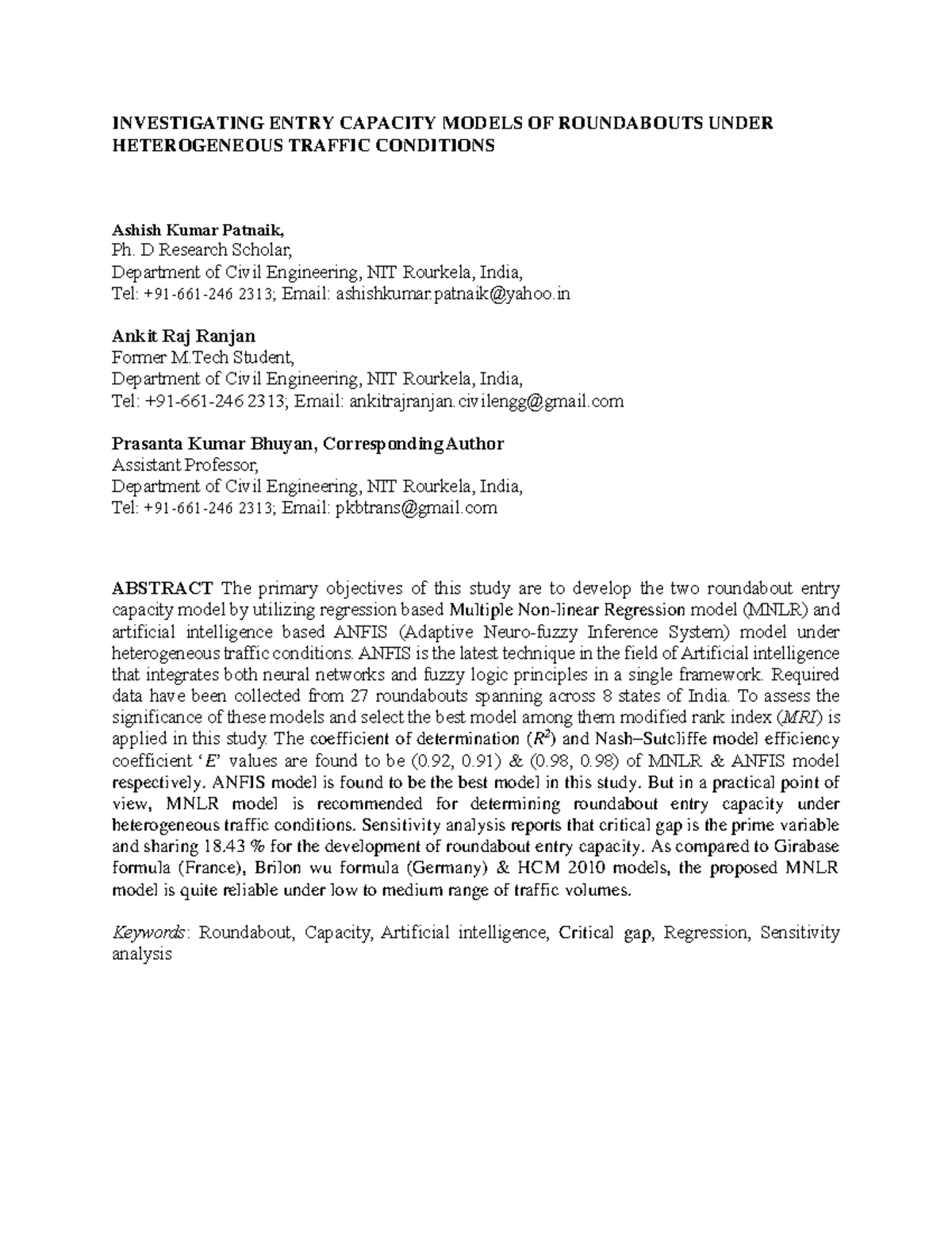 Investigating Entry Capacity Models of R - INVESTIGATING ENTRY CAPACITY MODELS OF ROUNDABOUTS ...