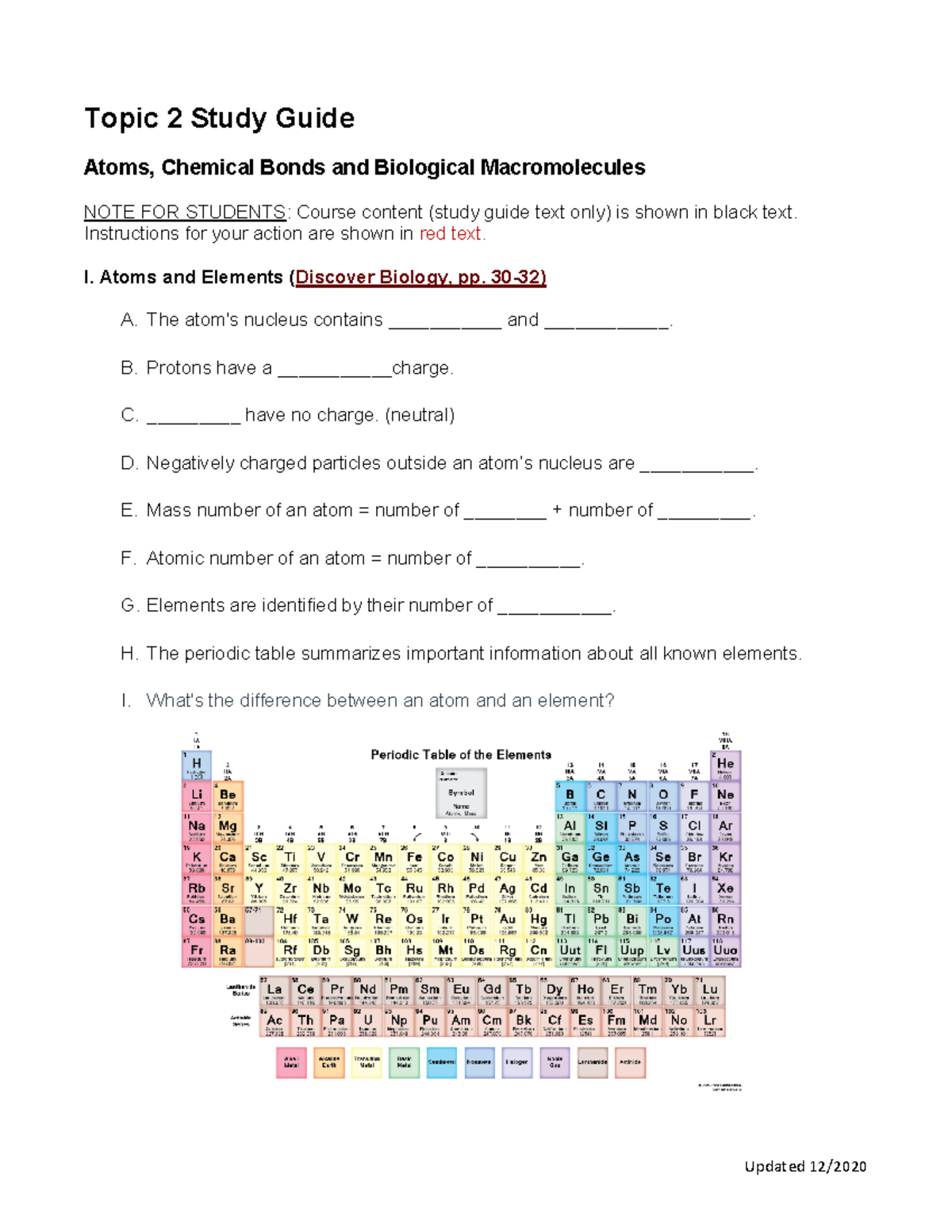 Topic 2 Study Guide fall 2020 - Topic 2 Study Guide Atoms, Chemical ...