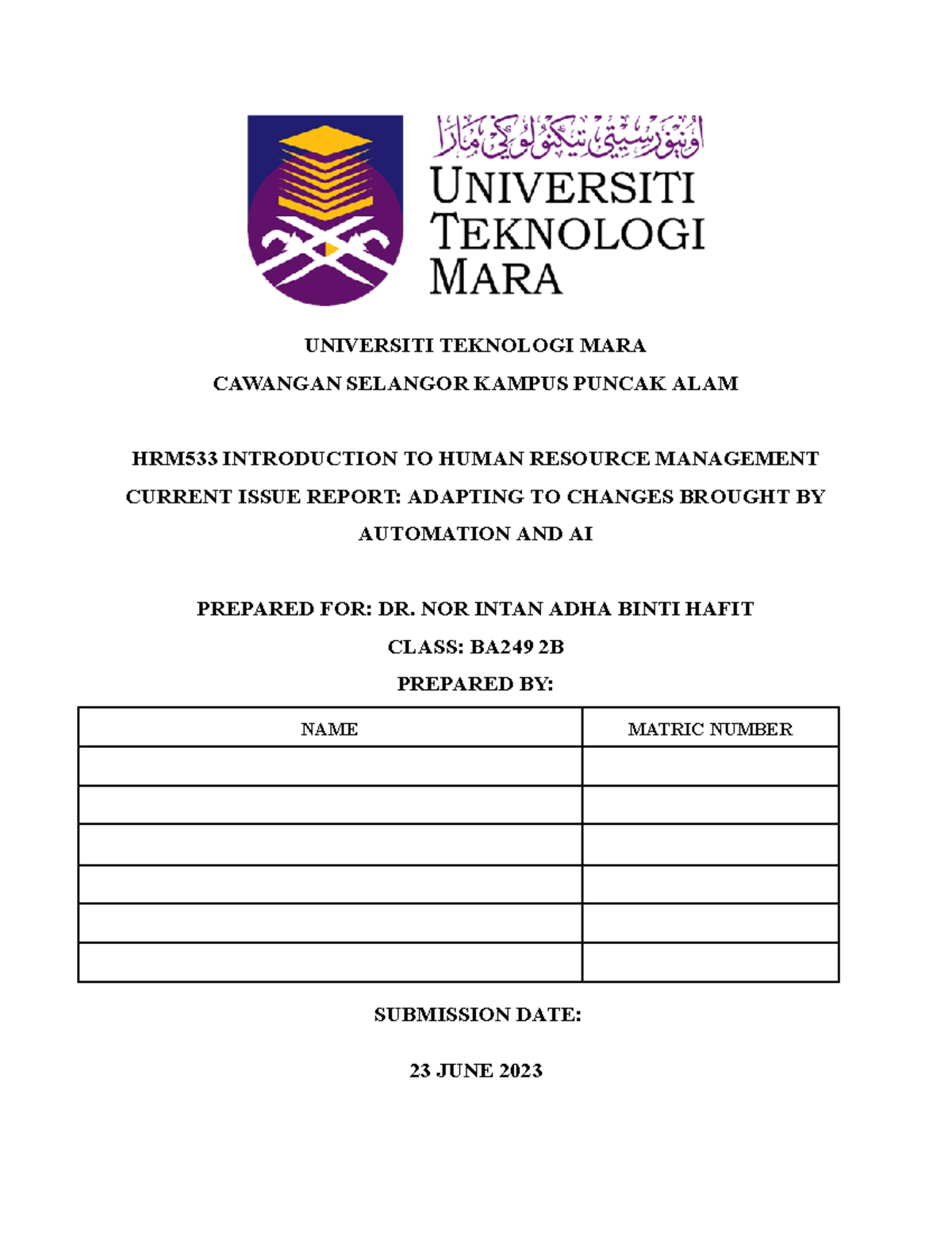 Hrm533 Group 1 Universiti Teknologi Mara Cawangan Selangor Kampus Puncak Alam Hrm533 