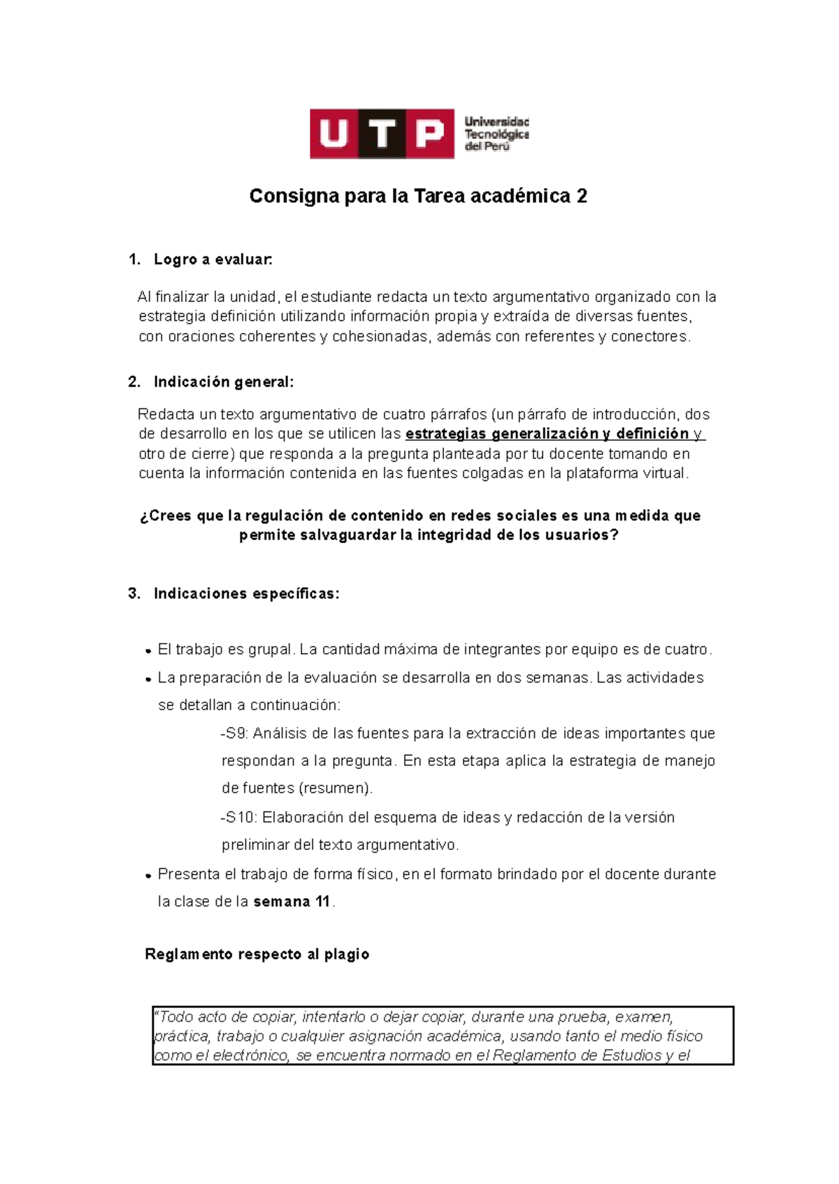 Redacción y comprensión TA2 - Consigna para la Tarea académica 2 1. Logro a evaluar: Al ...