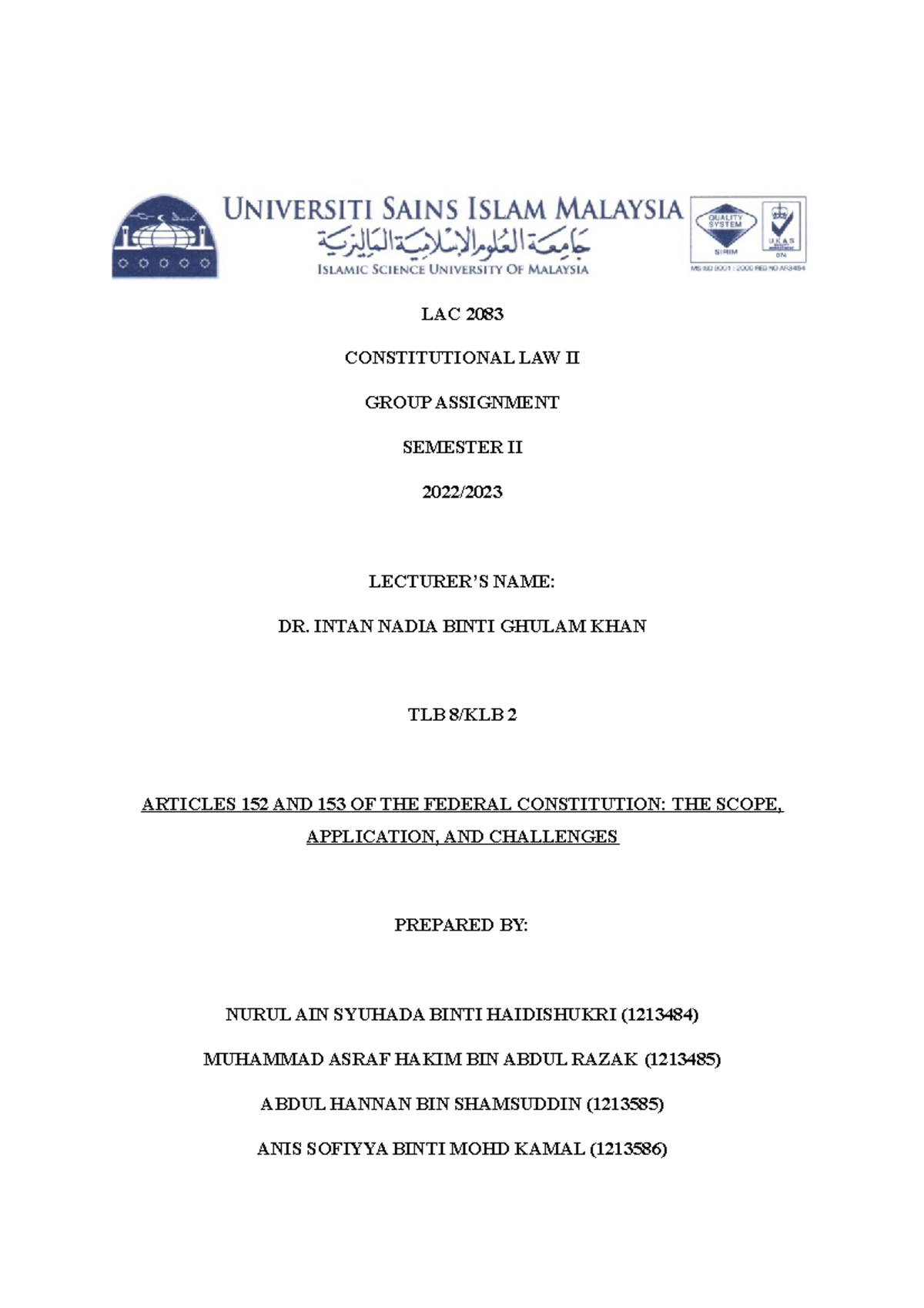 Articles 152 and 153 of the Federal Constitution - LAC 2083 ...