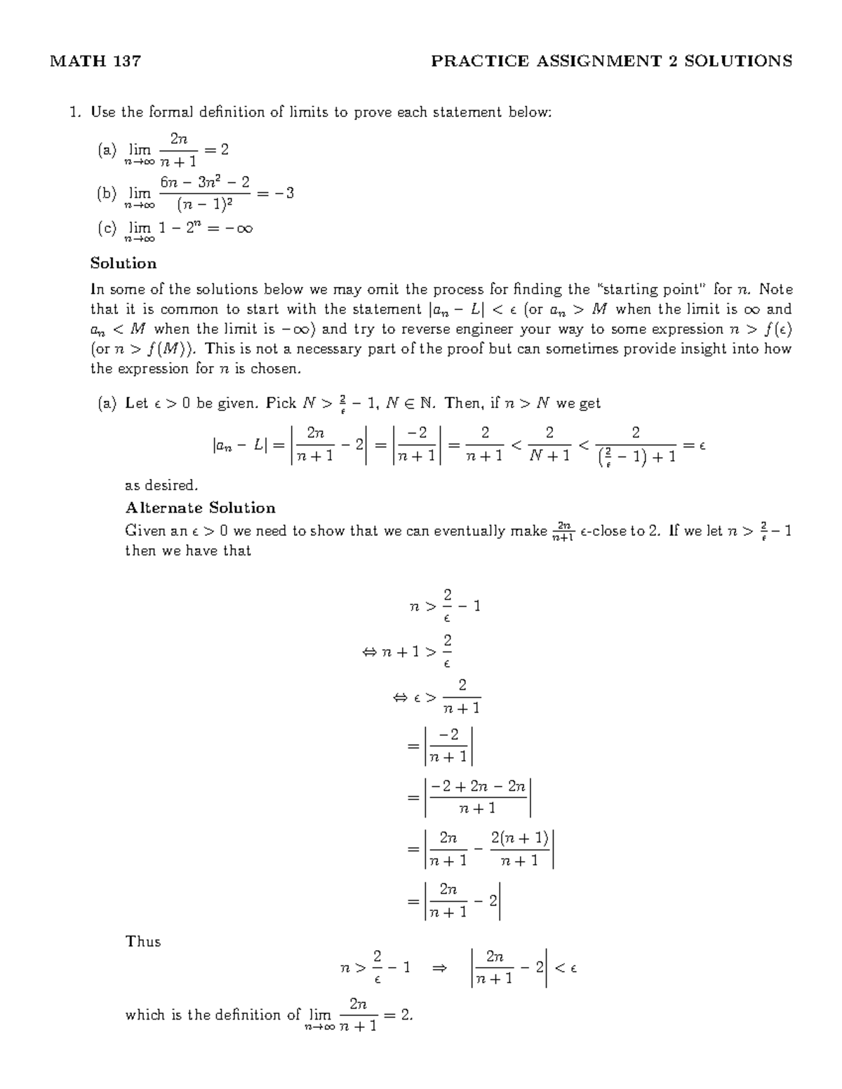 Practice Assign 2 - 137 - F20 Solutions - MATH 137 PRACTICE ASSIGNMENT ...