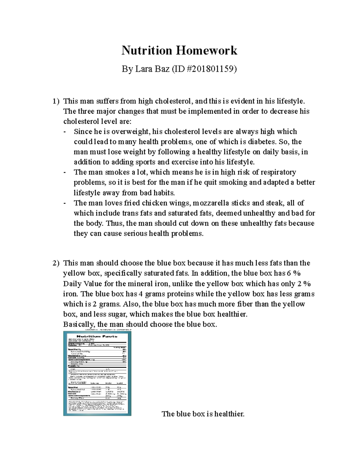 Nutrition - Homework - Nutrition Homework By Lara Baz (ID #201801159 ...