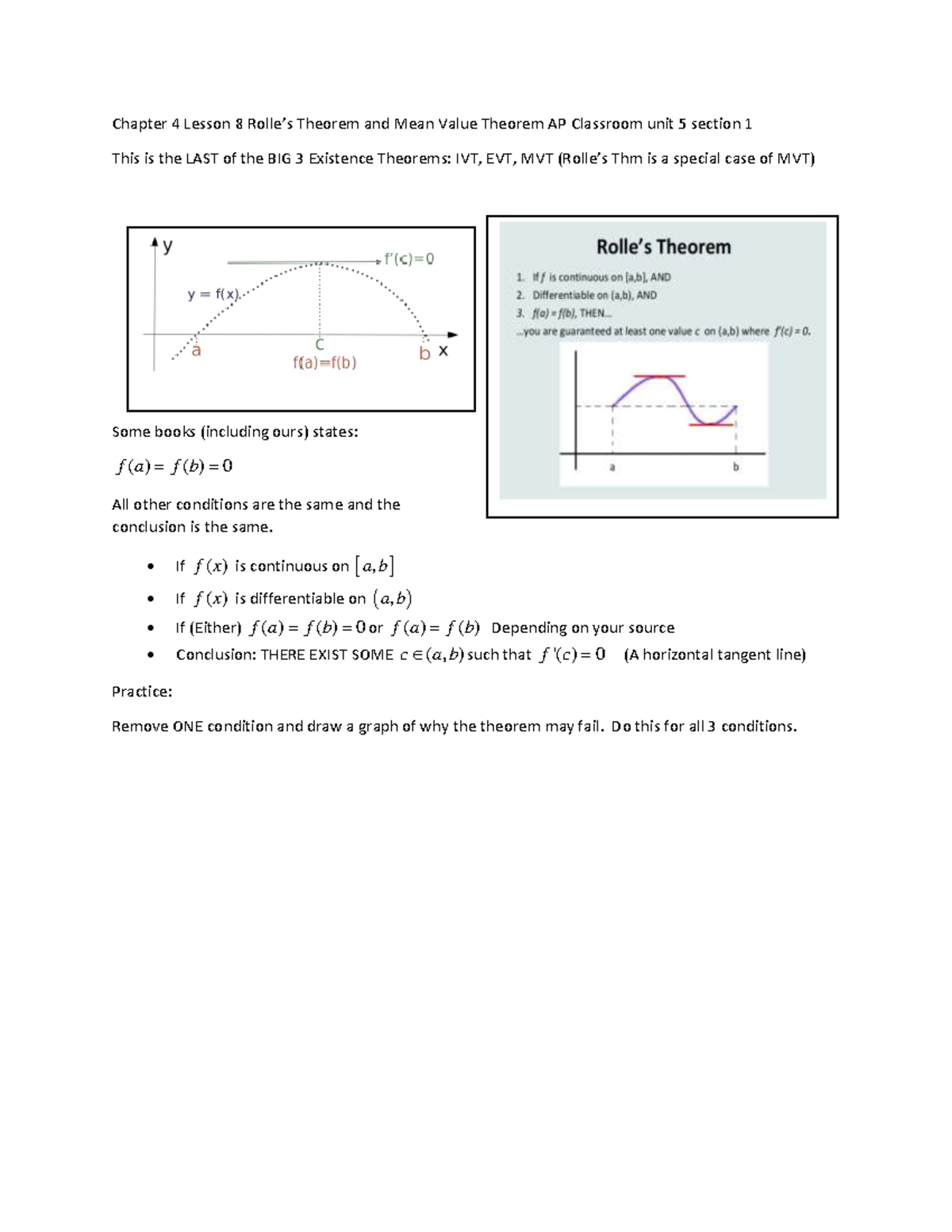 Chapter 4 Lesson 8 Rolle and MVT and AP Classroom 5 section 1 - Chapter ...