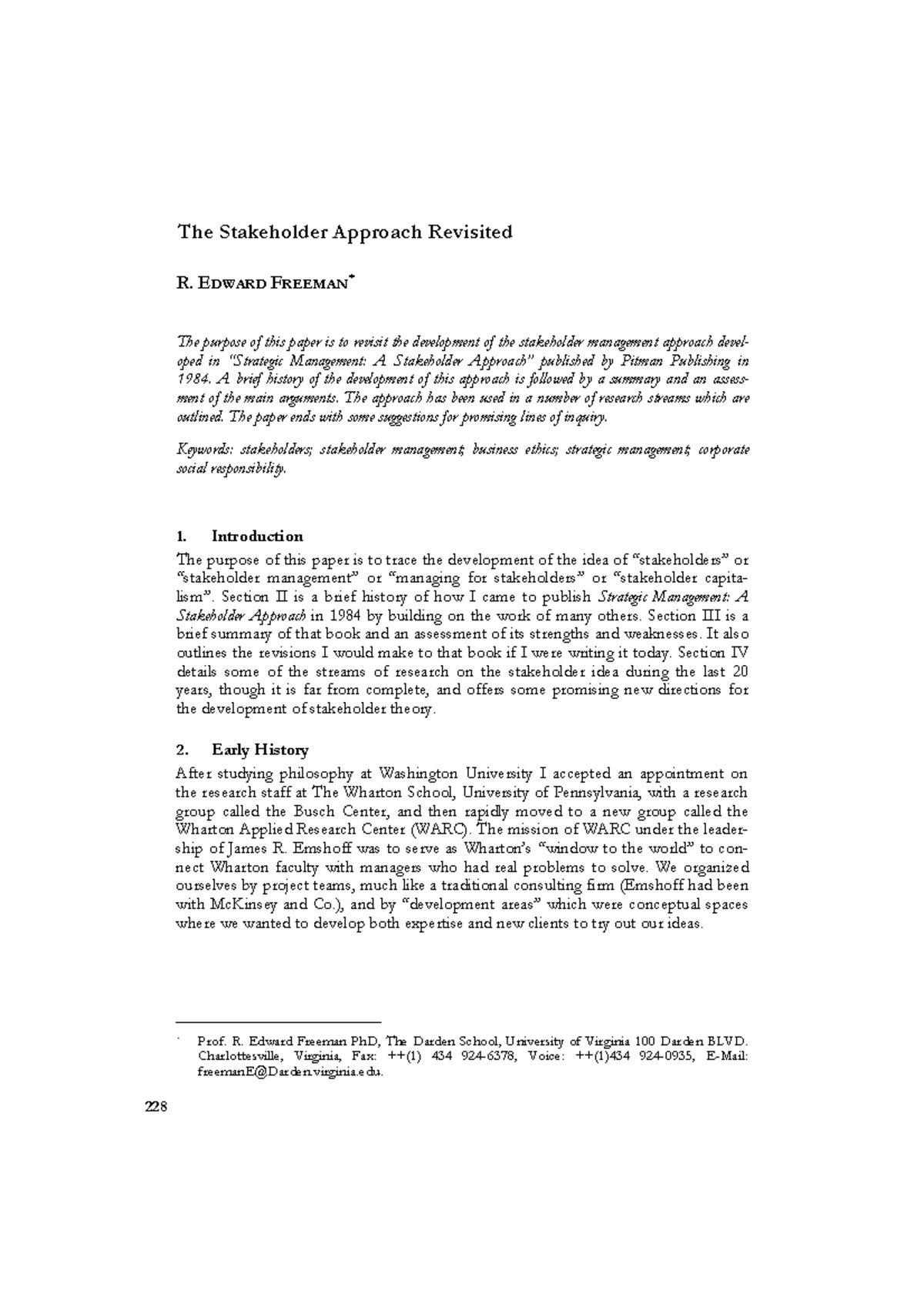 S14. Freeman Stakeholder approach revisited - The Stakeholder Approach ...