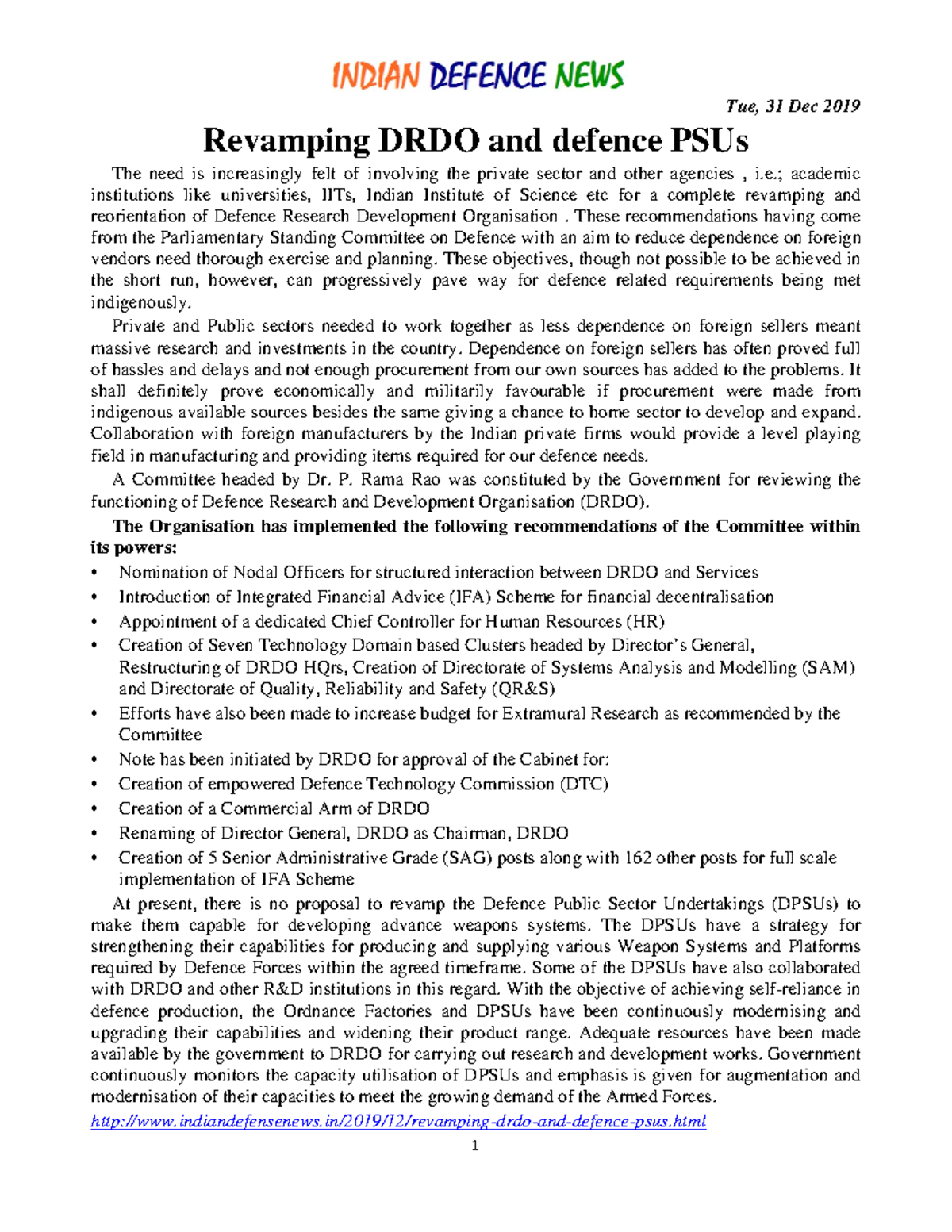 DRDO News 31 Dec 2019 - 1 Tue, 31 Dec 2019 Revamping DRDO and defence ...