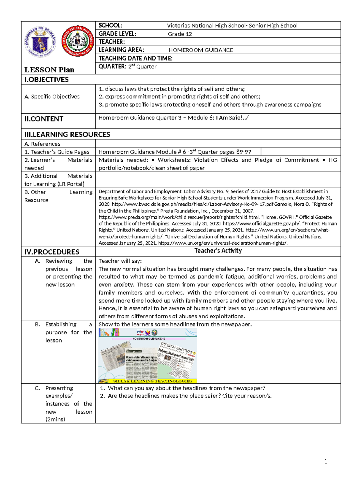 Homeroom Guidance 12 3 Rdquarter LP Module 6 PART1 - LESSON Plan SCHOOL ...