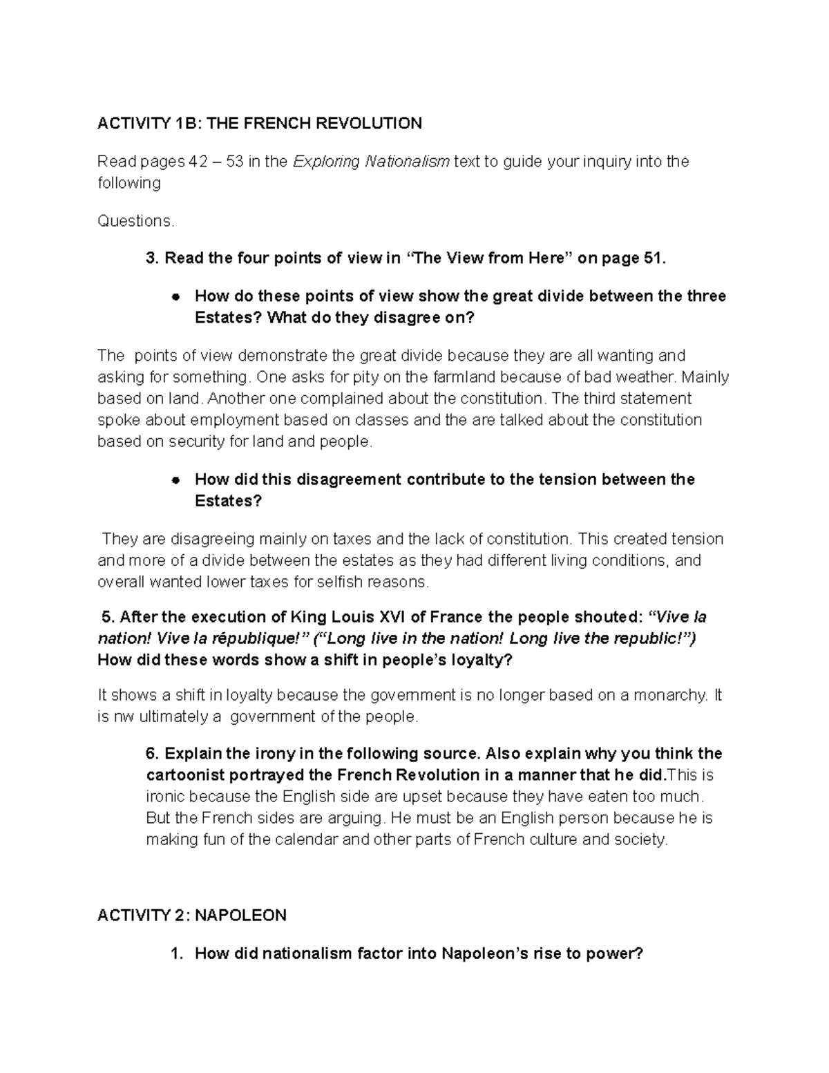 UNIT 2 Activities 1B and 2 SS 20-1 - ACTIVITY 1B: THE FRENCH REVOLUTION ...